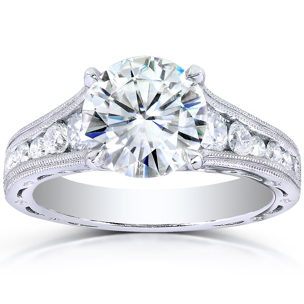 Kobelli Forever One (D-F) Moissanite & Channel Diamond Engagement Ring 2 1/2 CTW 14k White Gold, Size 9