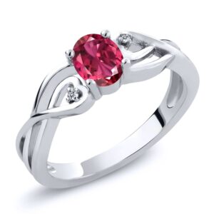 gem stone king 925 sterling silver pink tourmaline and white lab grown diamond ring for women (0.51 cttw, oval 6x4mm, available 5,6,7,8,9) (size 6)