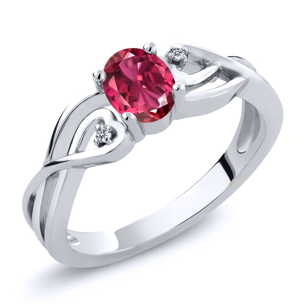 Gem Stone King 925 Sterling Silver Pink Tourmaline and White Lab Grown Diamond Ring For Women (0.51 Cttw, Oval 6X4MM, Available 5,6,7,8,9) (Size 6)