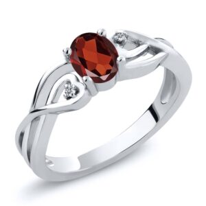 gem stone king 925 sterling silver red garnet and white lab grown diamond engagement ring for women (0.51 cttw, oval 6x4mm, gemstone birthstone, available in size 5, 6, 7, 8, 9)