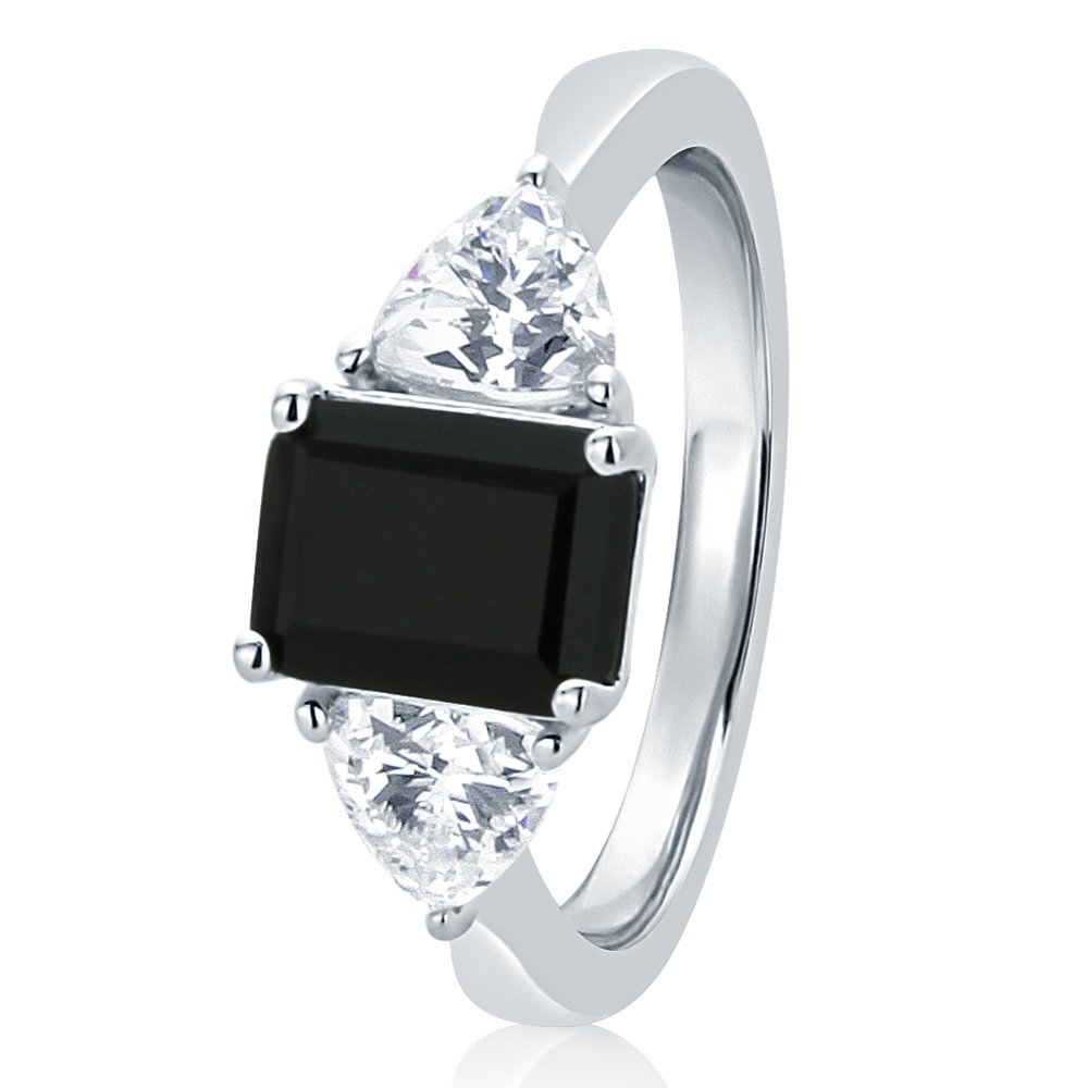 Sterling Silver Ring Wedding Ring Emerald Cut 1.5 carat Black CZ Stone Three Stone Anniversary Ring 8MM (Size 5 to 10), 6