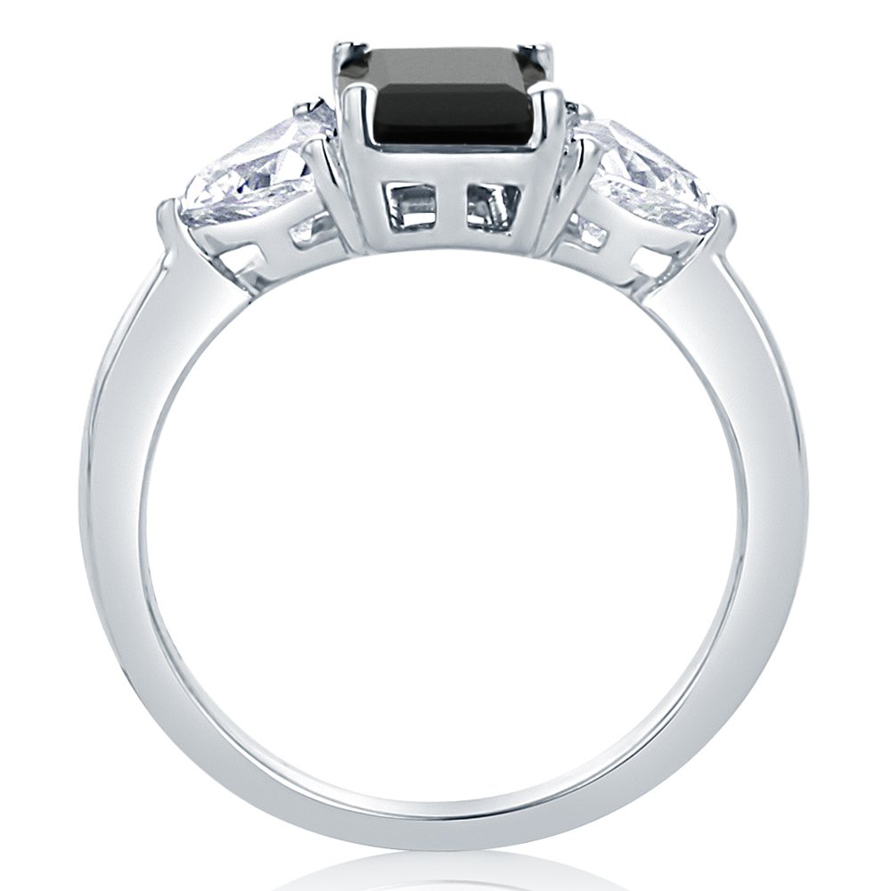 Sterling Silver Ring Wedding Ring Emerald Cut 1.5 carat Black CZ Stone Three Stone Anniversary Ring 8MM (Size 5 to 10), 6