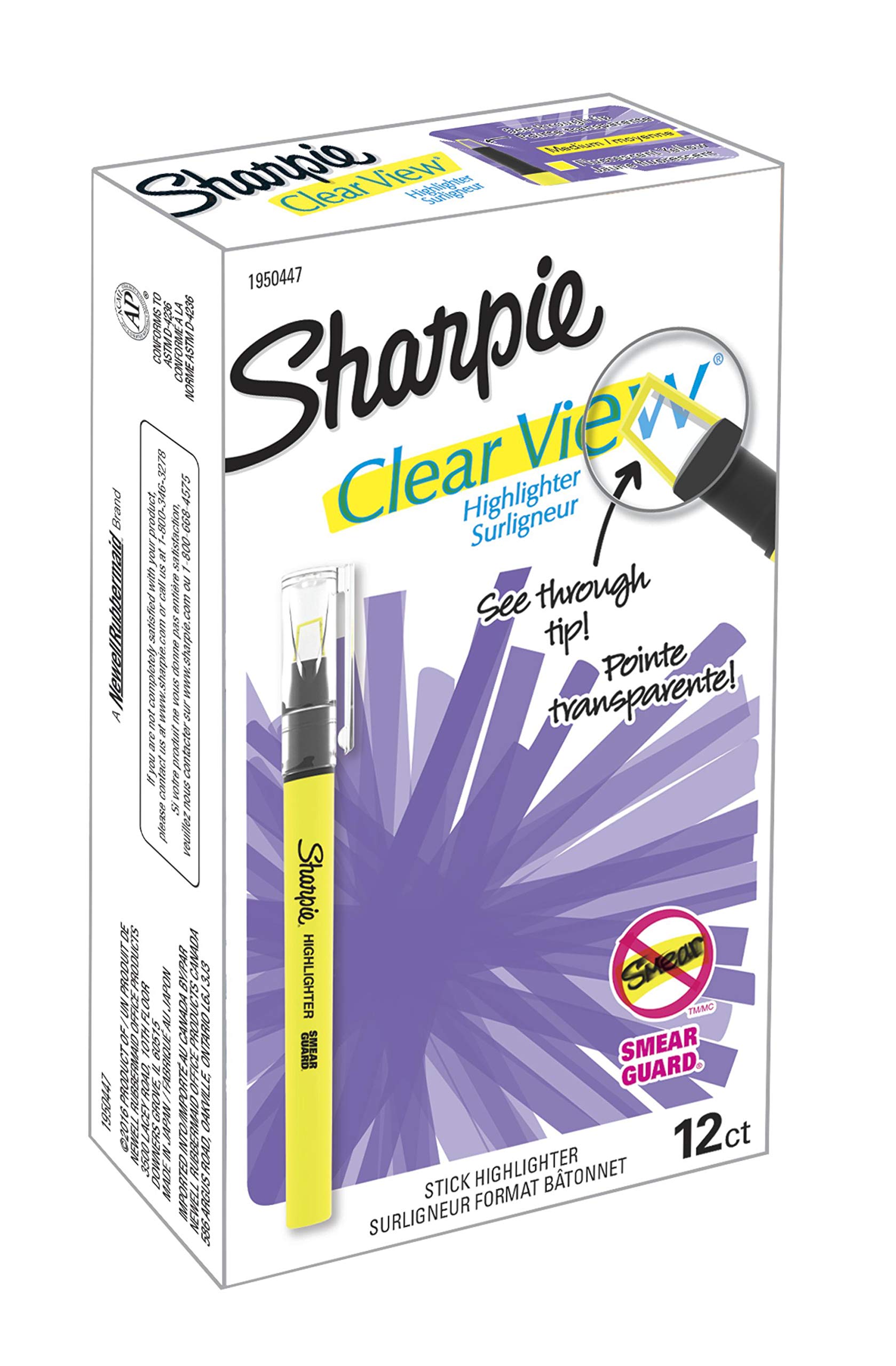 Sharpie Clear View Highlighter Stick, Yellow, 12/Pack (1950746)