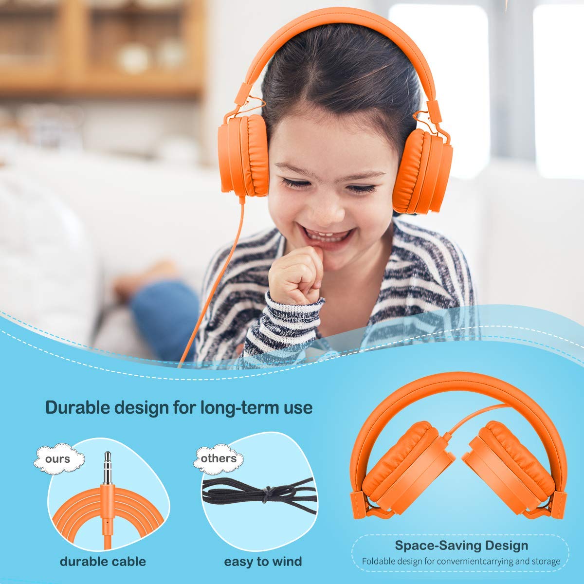 gorsun Kids Headphones, Lightweight Stereo Wired Toddler Headphones，Adjustable Headband Children's Headset for Smartphones Computer Pad Earphones(Orange)