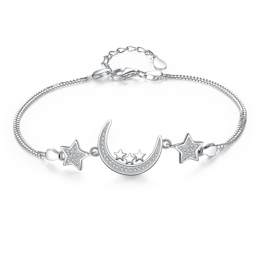 EVER FAITH 925 Sterling Silver CZ Bling Moon and Stars Bracelet Double Chain Clear