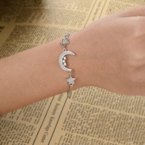 EVER FAITH 925 Sterling Silver CZ Bling Moon and Stars Bracelet Double Chain Clear