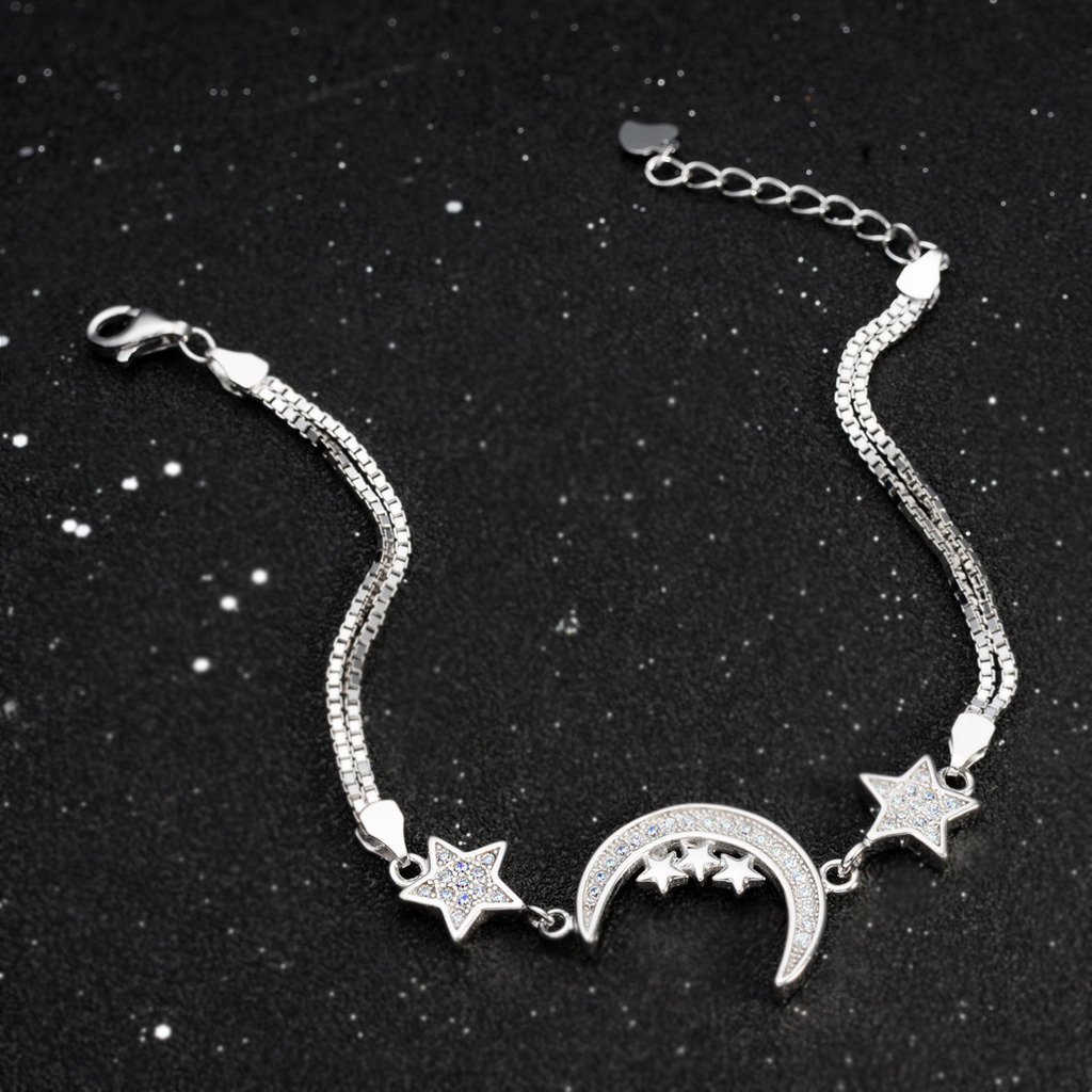 EVER FAITH 925 Sterling Silver CZ Bling Moon and Stars Bracelet Double Chain Clear