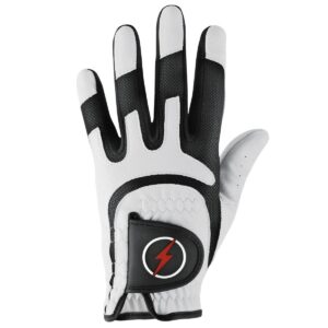 powerbilt junior one-fit golf glove, worn on left hand, white/black