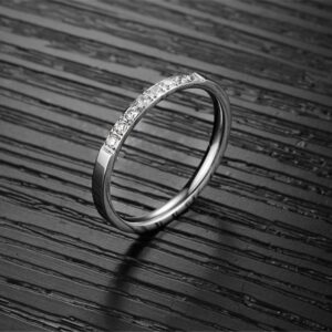 Fashion Month Women 2mm Titanium Stainless Steel Cubic Zirconia CZ Inlay White Gold Ring Wedding Engagement Silver Band Size 8