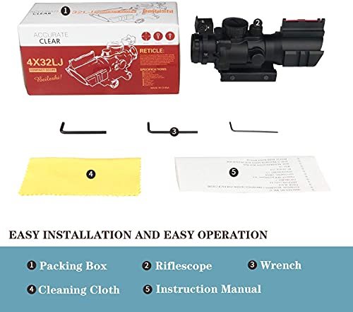 Beileshi Optics Rifle Scope, 4x32 Tactical Rifle scopes with Red Illuminated Reticle, and Glass Etched Reticle 4X Magnification with 20mm Mounts Rail, Suitable for Short Distance Combat