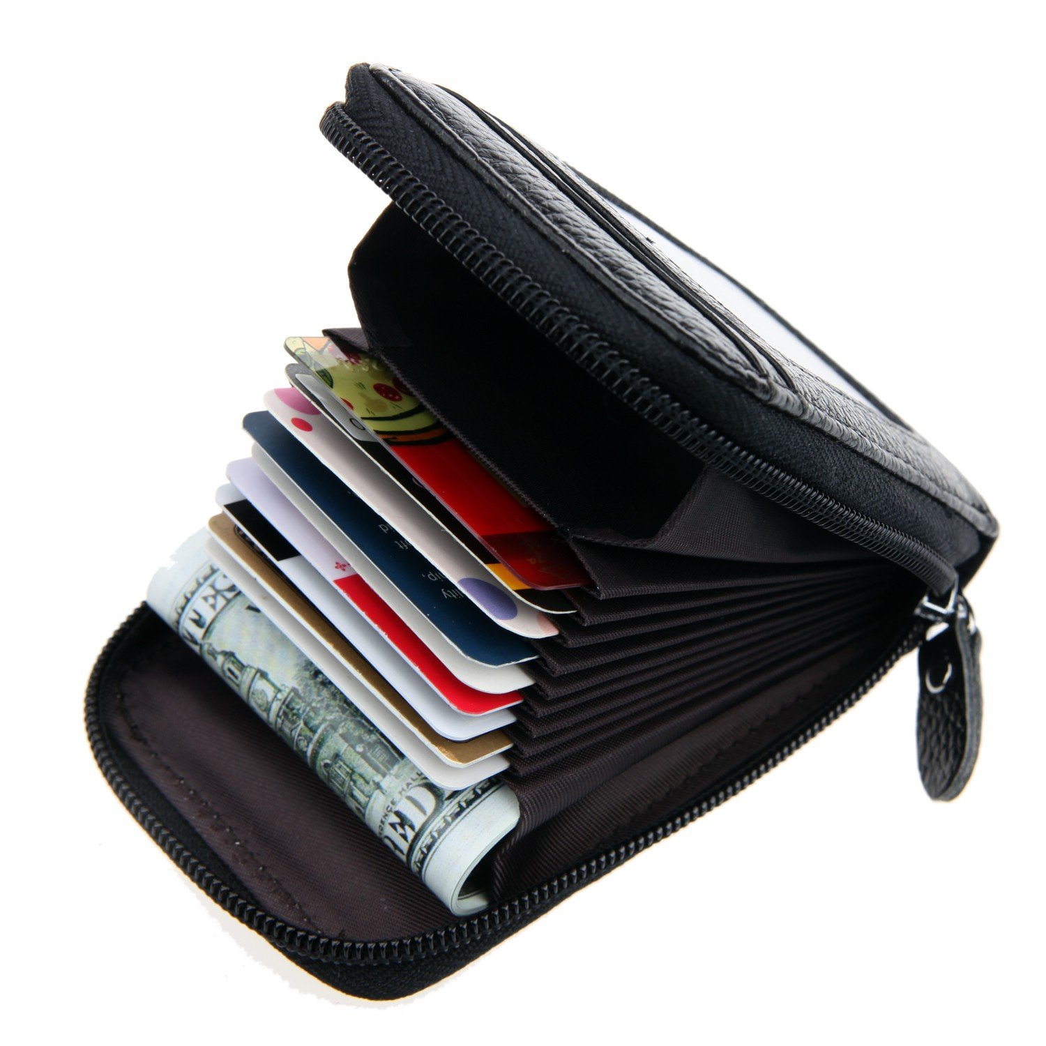 DEEZOMO RFID Blocking Genuine Leather Mini Credit Card Case Organizer Compact Wallet with ID Window - Black