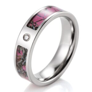 shardon women's 6mm titanium pink tree camo wedding ring with cz stone size 7