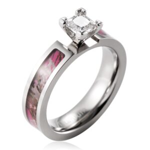 shardon women's 5mm titanium pink tree camo wedding ring with prong setting white princess cutting cz stone size 9