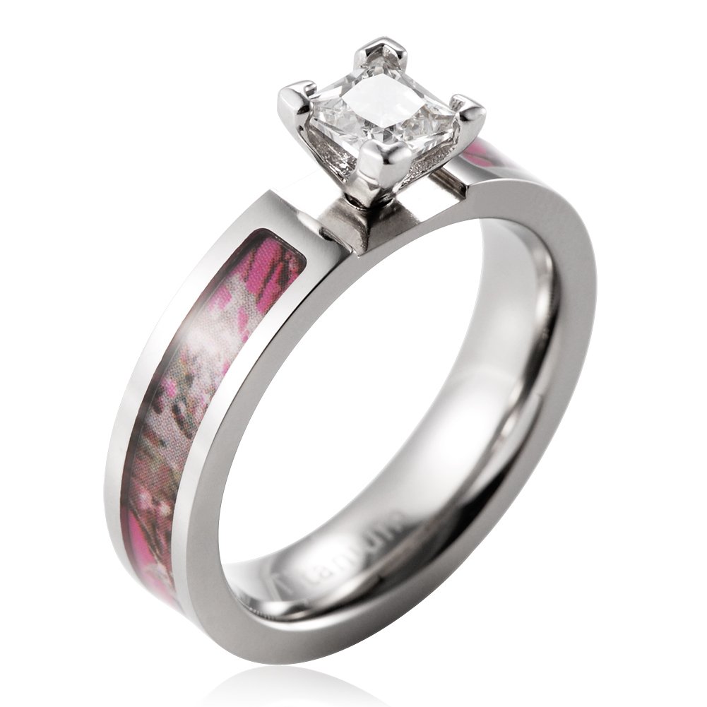 SHARDON Women's 5mm Titanium Pink Tree Camo Wedding Ring with Prong Setting White Princess Cutting CZ Stone Size 9