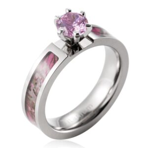 shardon women's 5mm titanium pink tree camo wedding ring with prong setting pink brilliant gemstone size 9.5