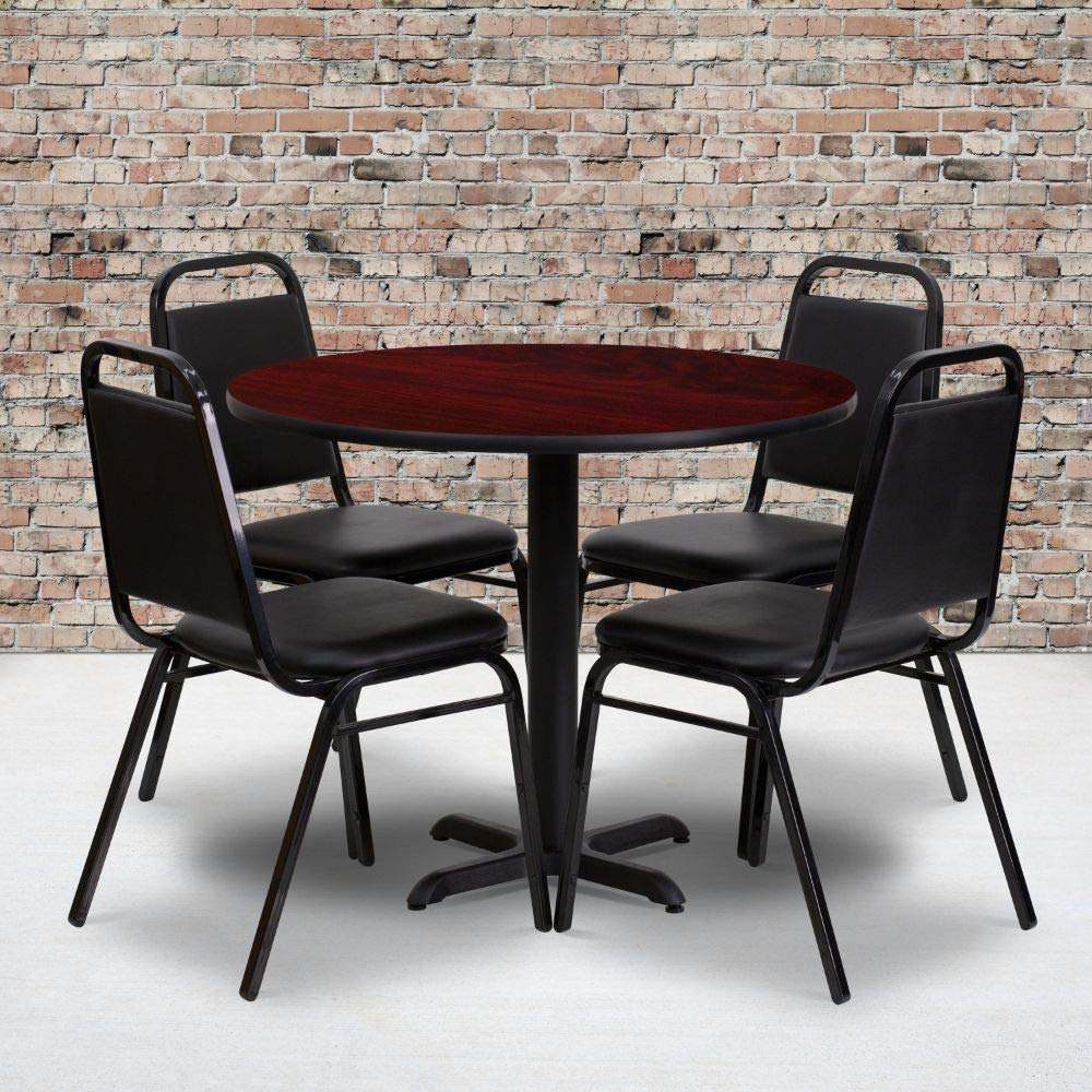 Flash Furniture Carlton 36'' Round Mahogany Laminate Table Set with X-Base and 4 Black Trapezoidal Back Banquet Chairs