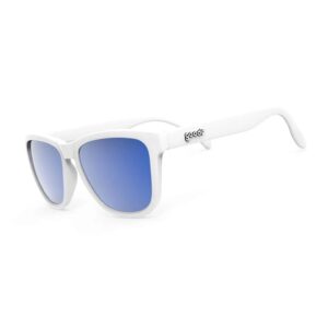 goodr iced by yetis sunglasses, white frame, glare reducing blue polarized mirrored reflective lenses, uv400 protection block, constructed to eliminate slip & bounce, medium