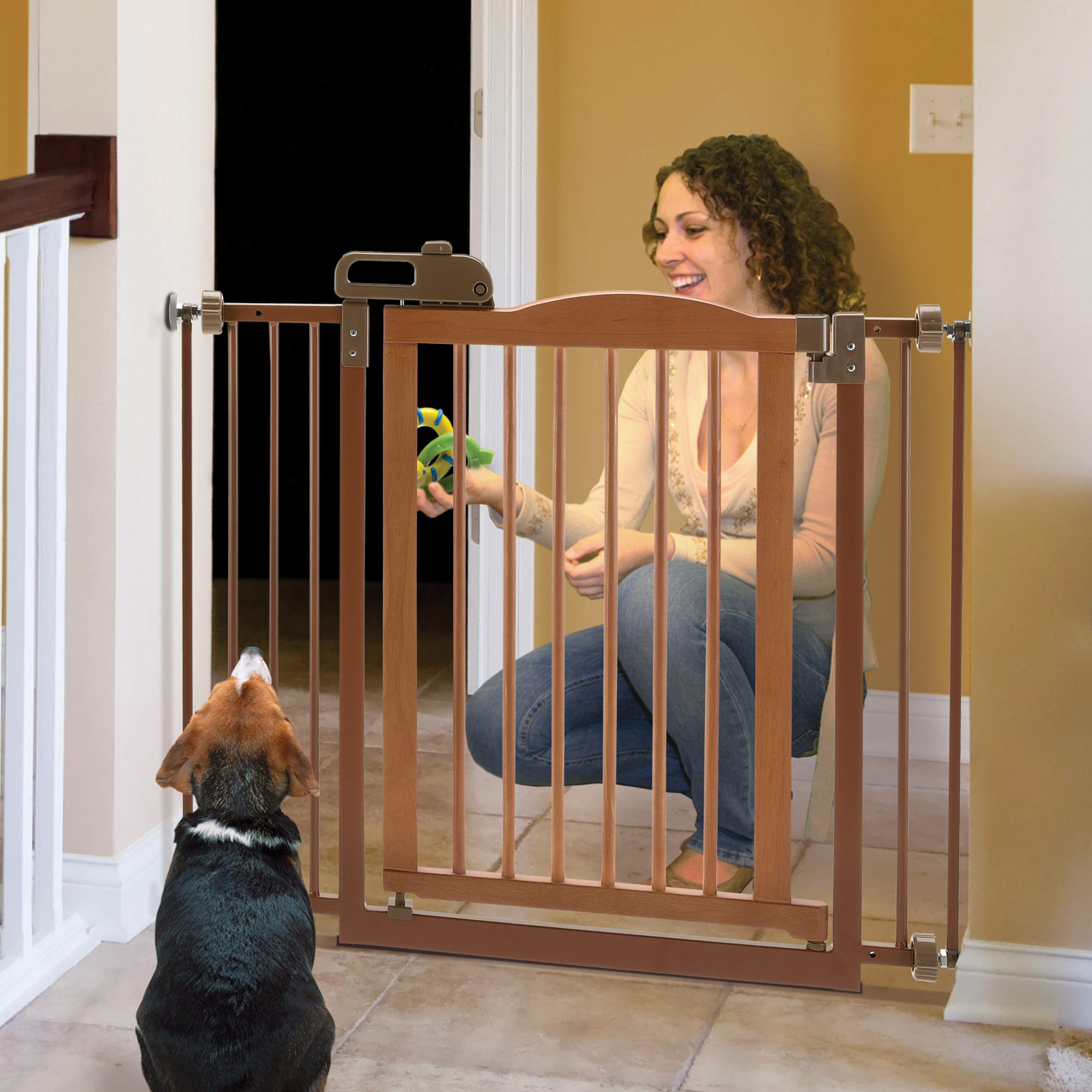 Richell One-Touch Pet Gate II, Brown, Fits Openings from 32.1-36.4" and 30.5" H, Dog Wood gate, Autumn Matte