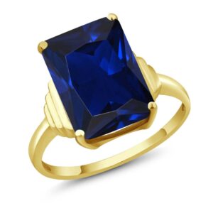 gem stone king 18k yellow gold plated silver blue created sapphire ring for women (10.00 cttw, emerald cut 14x10mm, gemstone september birthstone, available in size 5, 6, 7, 8, 9)