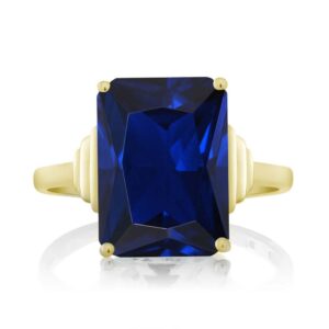 Gem Stone King 18K Yellow Gold Plated Silver Blue Created Sapphire Ring For Women (10.00 Cttw, Emerald Cut 14X10MM, Gemstone September Birthstone, Available In Size 5, 6, 7, 8, 9)