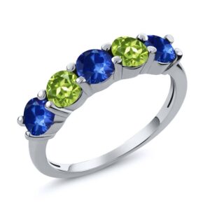 gem stone king 925 sterling silver blue sapphire and green peridot wedding band ring for women (1.08 cttw, round 3.5mm, gemstone september birthstone, available in size 5, 6, 7, 8, 9)