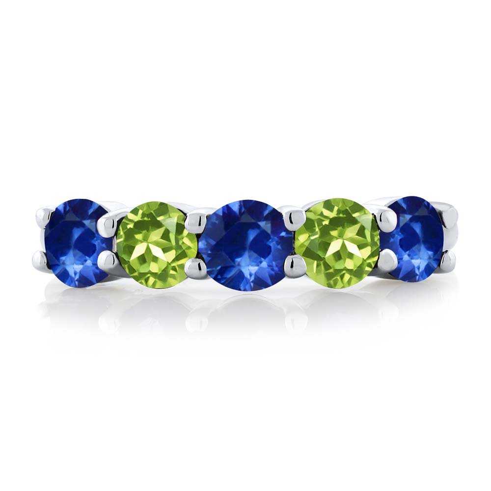 Gem Stone King 925 Sterling Silver Blue Sapphire and Green Peridot Wedding Band Ring For Women (1.08 Cttw, Round 3.5MM, Gemstone September Birthstone, Available In Size 5, 6, 7, 8, 9)