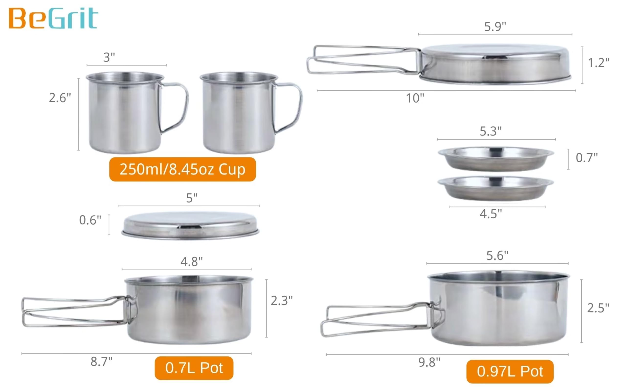 BeGrit Backpacking Camping Cookware Mini Picnic Camping Cooking Mess Kit with Pot and Pan Set for Hiking 8pcs Set