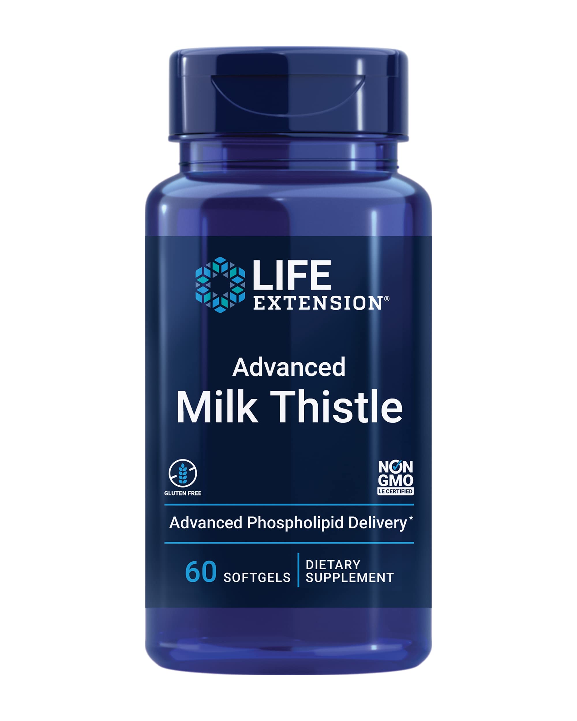 Life Extension Advanced Milk Thistle, silymarin, silybin, phospholipids, promotes healthy liver function, gluten-free, non-GMO, 60 softgels