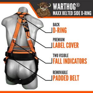 Malta Dynamics Warthog MAXX Side D-Ring Fall Protection Safety Harness with Removable Safety Belt, Full Body Harness for Construction, Safety and Protection - OSHA/ANSI Compliant, (L-XL)