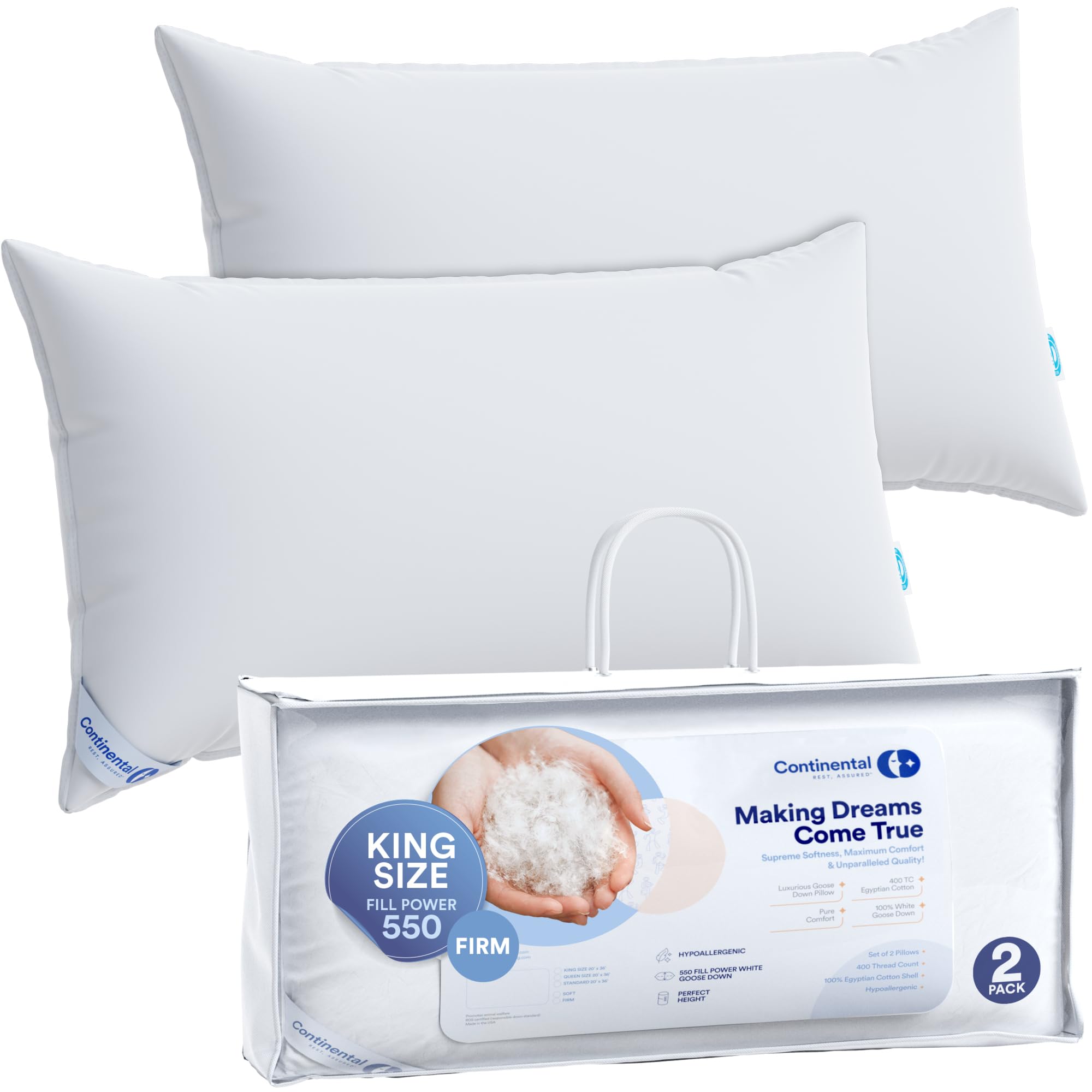 Firm Goose Down Pillow 2 Pack King Size 36 Ounce 20x36 Inch RDS Certified Fine Cotton Shell - Made in USA - Firm White Down Pillow