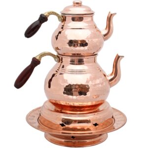 copper teapots with lids and wood handle, teapot warmer, copper heater, copper teapots, hammered copper tea pot, turkish tea, copper pot, samovar (with warmer)