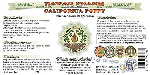 HawaiiPharm California Poppy Alcohol-Free Liquid Extract, Nervous System Calming and Support. Glycerite 2 fl.oz