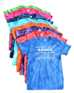 jant girl volleyball tie dye t-shirt bump, set, spike logo (navy, ym)