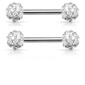 14ga stainless steel crystal paved ferido balls nipple barbells, sold as a pair (clear)