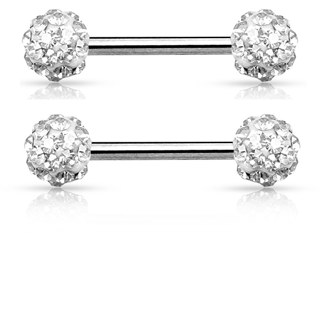 14GA Stainless Steel Crystal Paved Ferido Balls Nipple Barbells, Sold as a Pair (Clear)