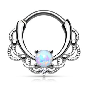 pierced owl 16ga stainless steel lacey synthetic single opal septum clicker ring (white)