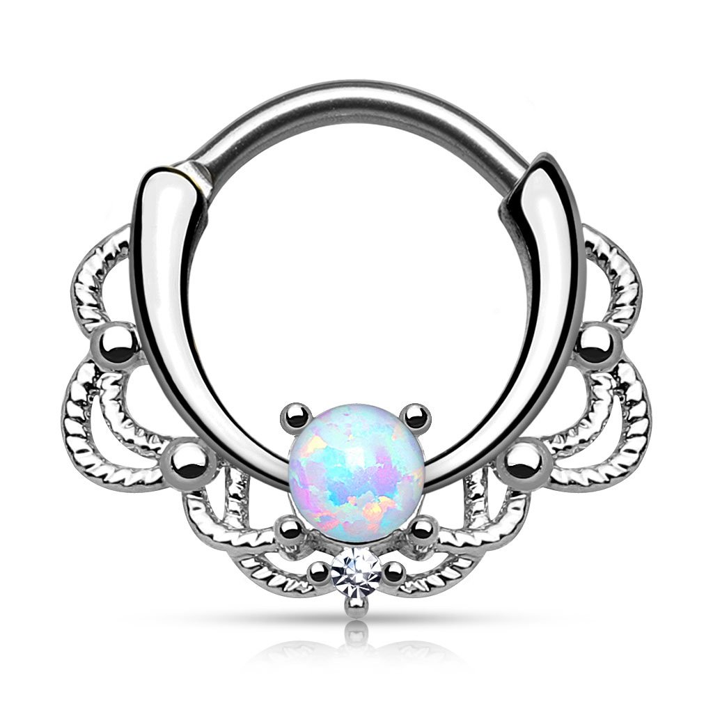 Pierced Owl 16GA Stainless Steel Lacey Synthetic Single Opal Septum Clicker Ring (White)