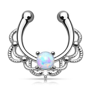 16ga lacey single synthetic opal clip on fake non no piercing septum hanger ring (white)