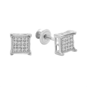 dazzlingrock collection round white diamond square hip hop iced unisex stud earrings (0.06 ctw, color i-j, clarity i2-i3) in 925 sterling silver in screw back