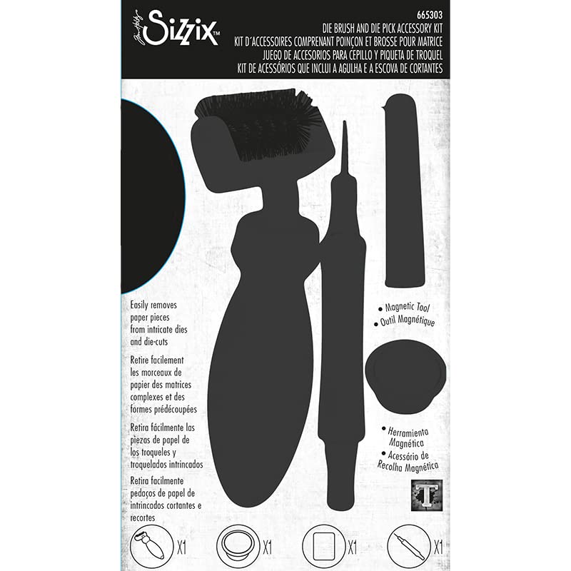 Sizzix Tim Holtz Die Brush & Magnetic Die Pick Tool Kit 665303 – Papercraft & Scrapbooking Intricate Die Paper Remover Set (Black)