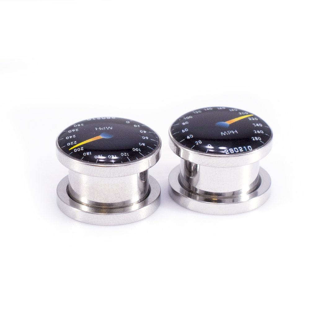 BodyJewelryOnline Pair of Speedometer Logo Screw-Fit Plugs - 2ga(6 mm) - 1/2"(12 mm) 316L Surgical Steel (11mm - 7/16 inch)