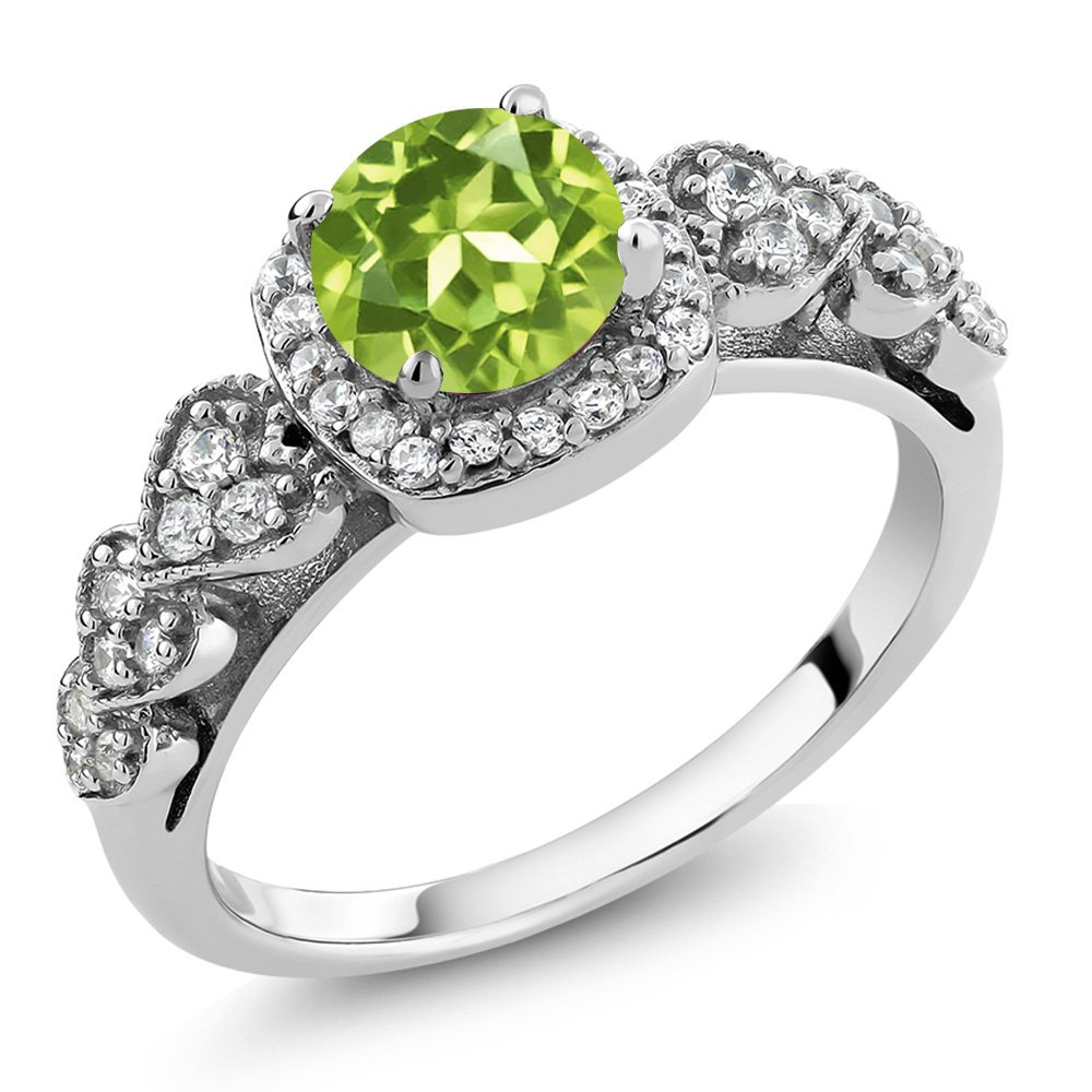 Gem Stone King 925 Sterling Silver Green Peridot Engagement Ring For Women (1.17 Cttw, Round 6MM, Gemstone Birthstone, Available In Size 5, 6, 7, 8, 9)