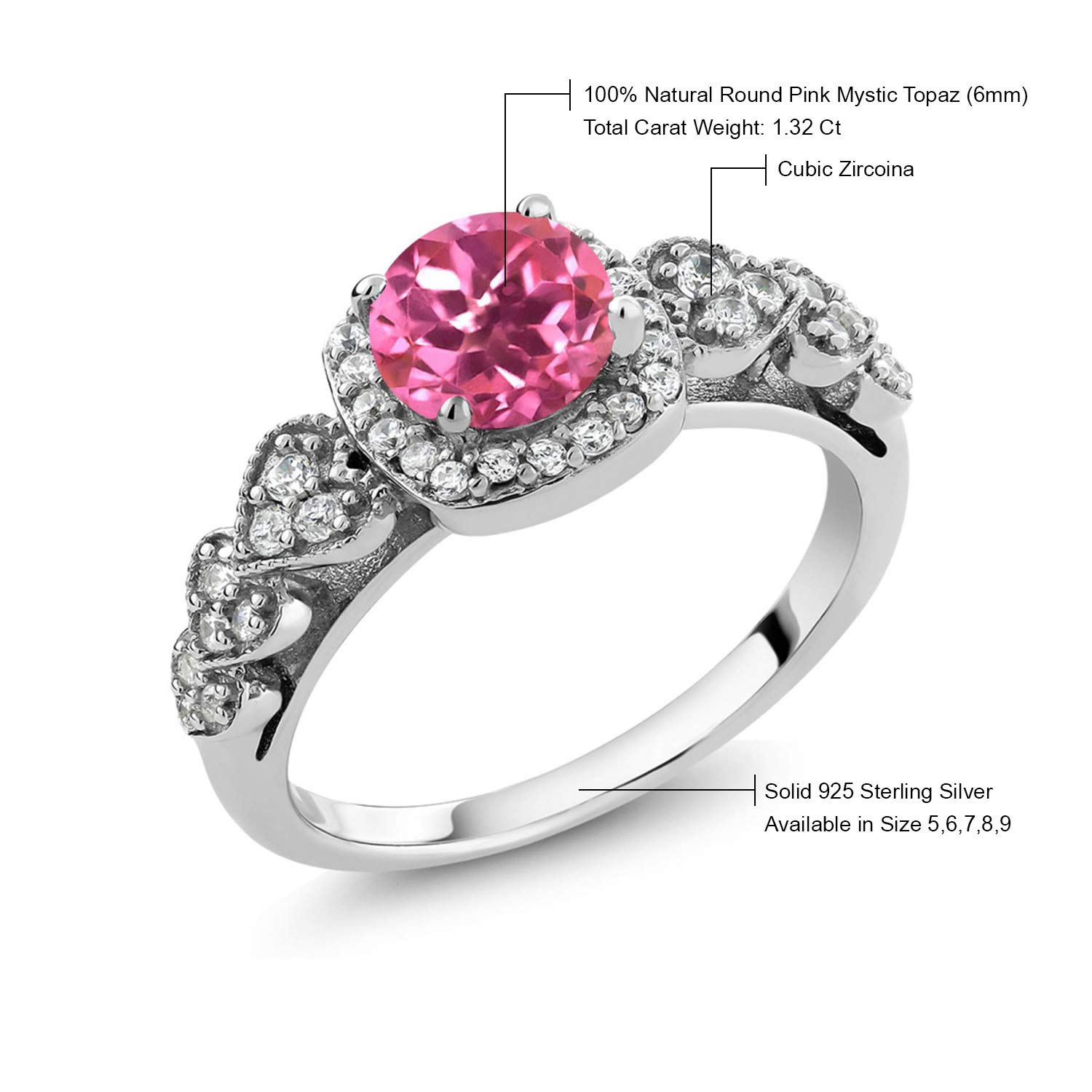 Gem Stone King 925 Sterling Silver Pink Mystic Topaz Engagement Ring For Women (1.32 Cttw, Available 5,6,7,8,9) (Size 5)