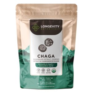 longevity botanicals organic chaga mushroom powder - ultra concentrated supplement - promotes a balanced immune system, relaxation, stress relief and improved sleep - 100 grams