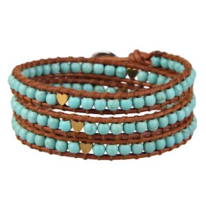 kelitch turquoise heart beads bracelets genuine leather 3 wrap bracelet handmade fashion women jewelry (blue c)