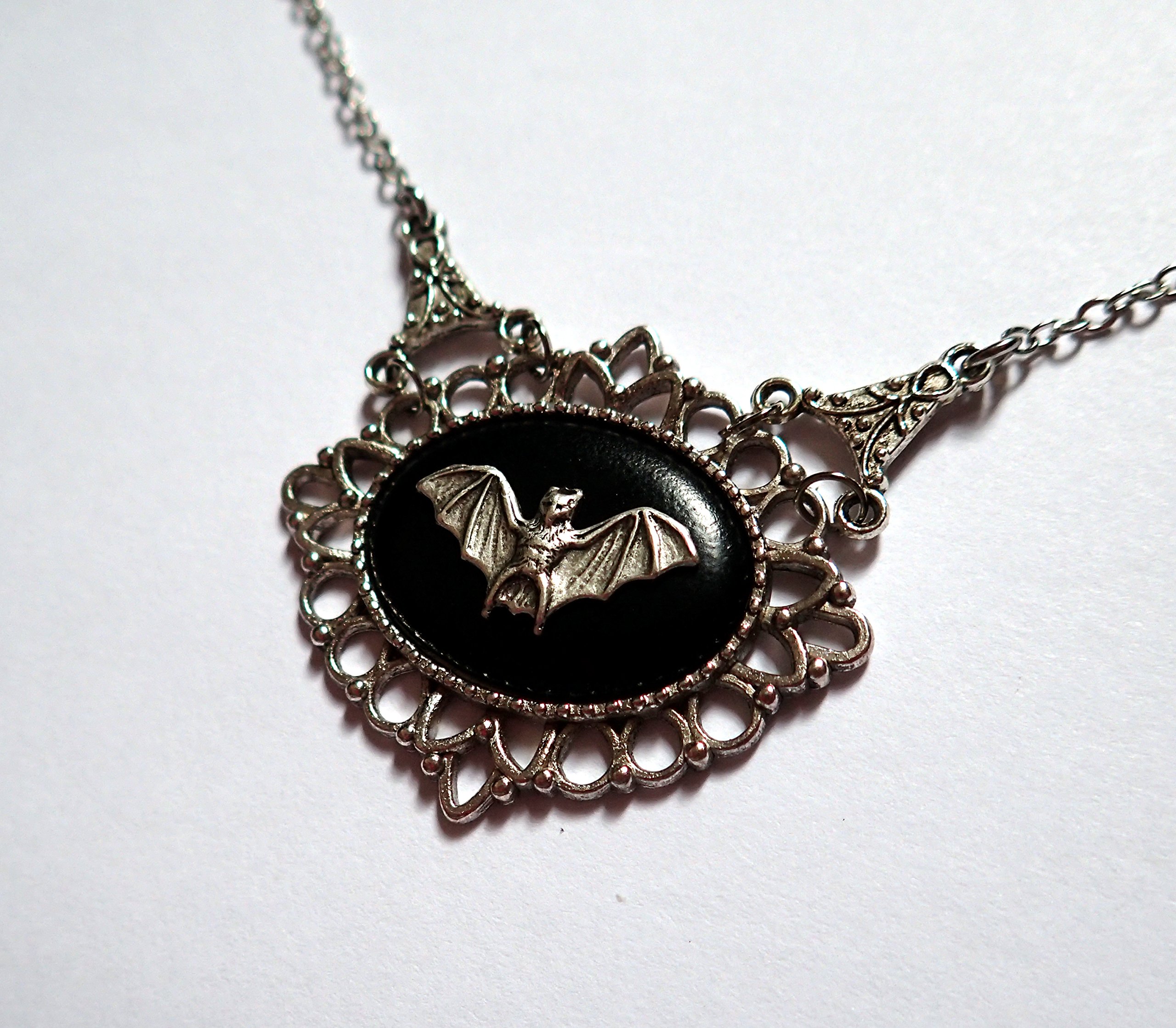 Moon Maiden Jewelry Gothic Victorian Silver Framed Bat Cameo Necklace