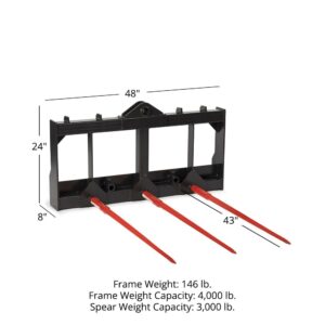 Titan Attachments HD Skid Steer Hay Frame Attachment, Three 43" Hay Spears, Rated 4,000 LB, Quick Tach Mounting, Hay Handing Equipment for Bobcat Tractors