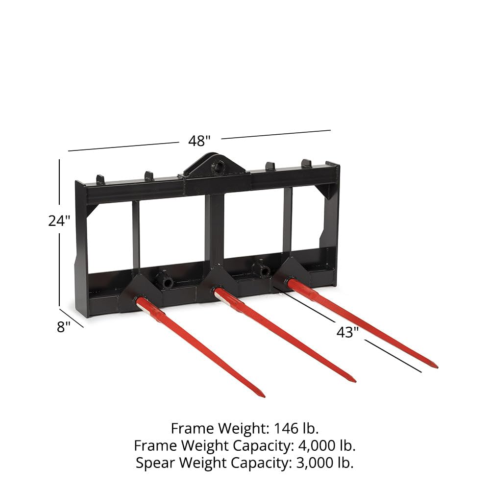 Titan Attachments HD Skid Steer Hay Frame Attachment, Three 43" Hay Spears, Rated 4,000 LB, Quick Tach Mounting, Hay Handing Equipment for Bobcat Tractors