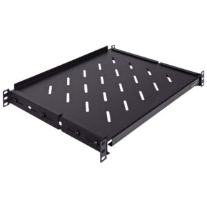 navepoint vented 4-post shelf, adjustable, black, 350 mm depth, 1u, 242 lbs, cold rolled steel, ce compliant