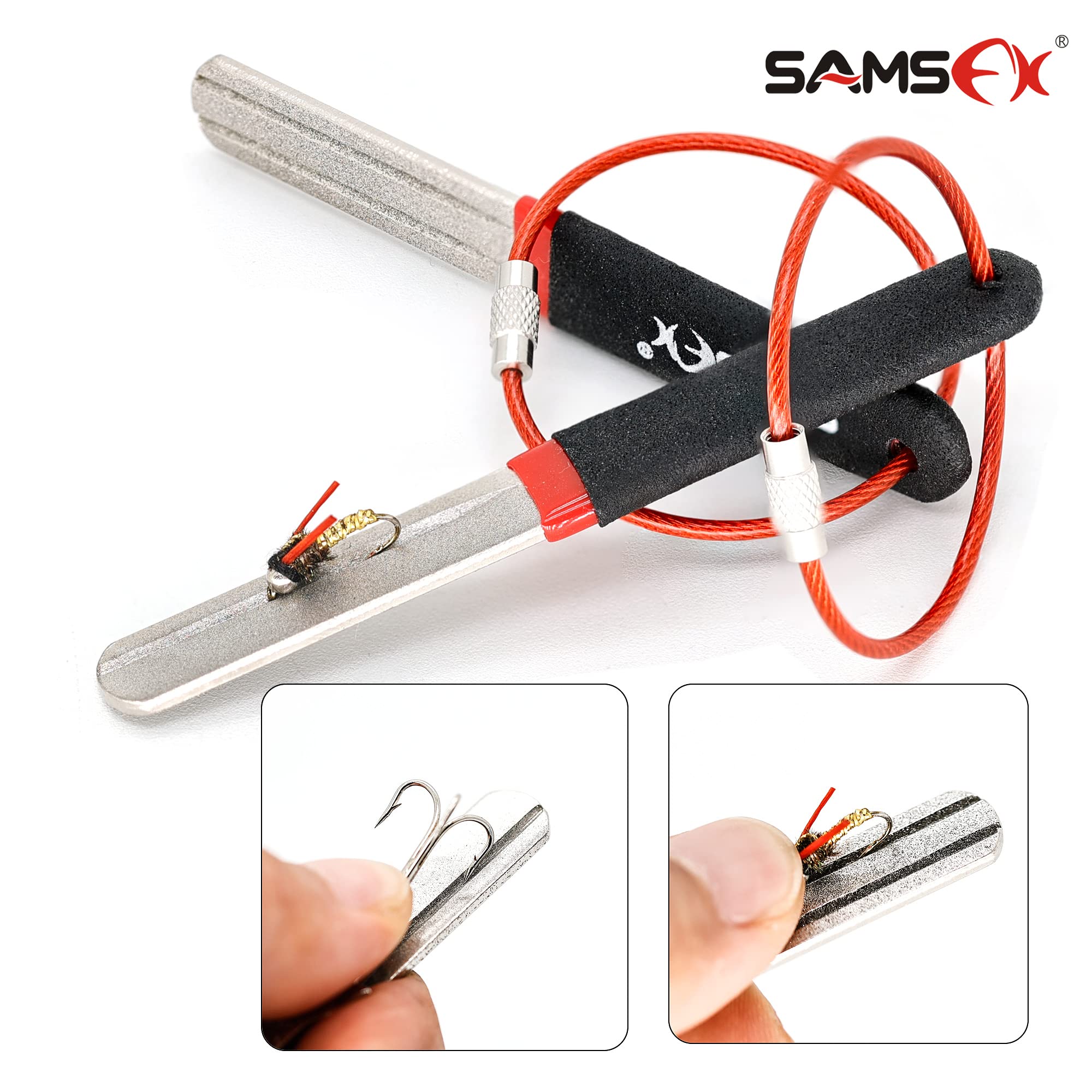 SAMSFX Fishing Hook Sharpener Hook File Portable Grinding Tool with Double Sided Fine and Medium Grit Fly Fishing Tools, 4inch (Black & Red Handle)